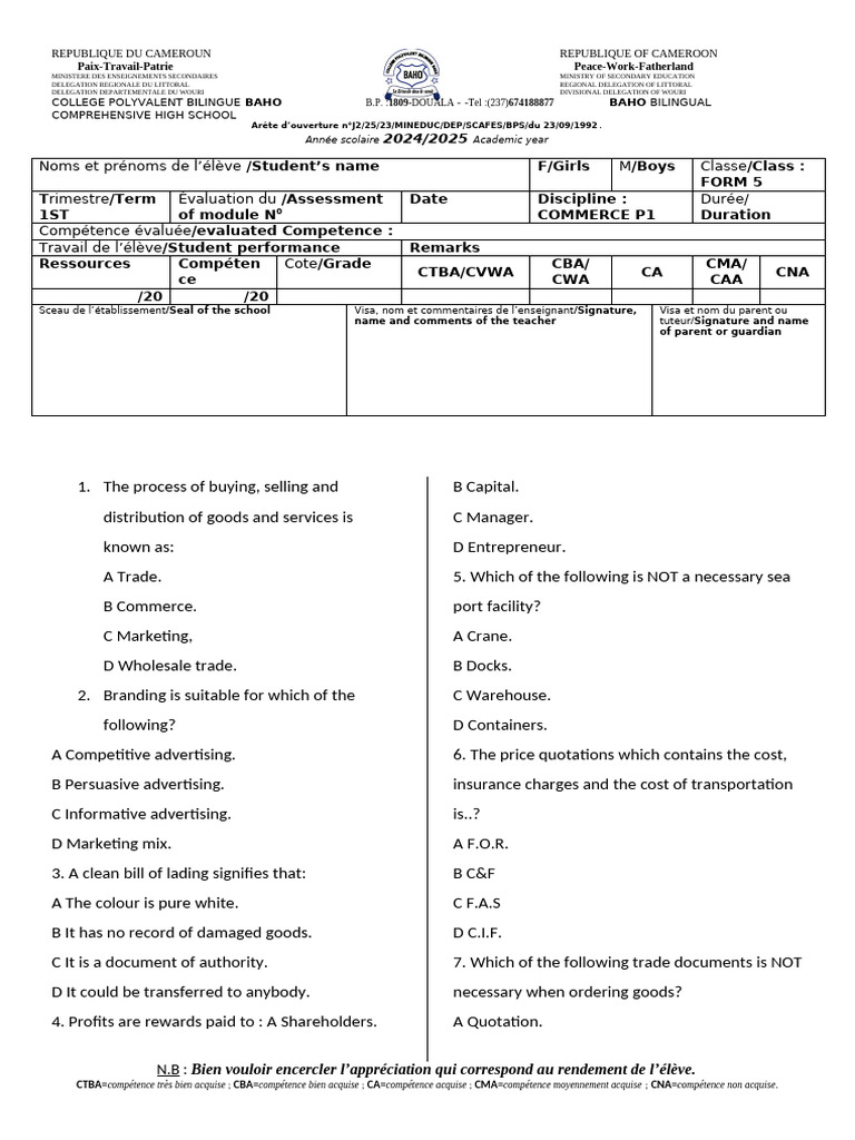 Baho Commerce Paper1 Form 5 First Term Examinations 2024 | PDF ...