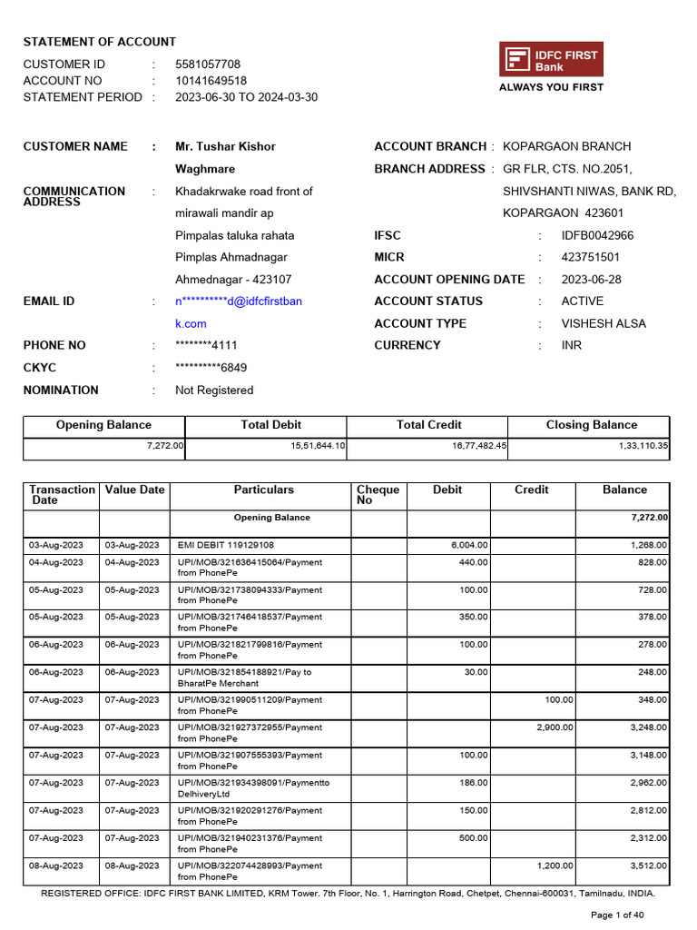 IDFC First Bank Account Statement 2023 | PDF | Payments | Debits And ...