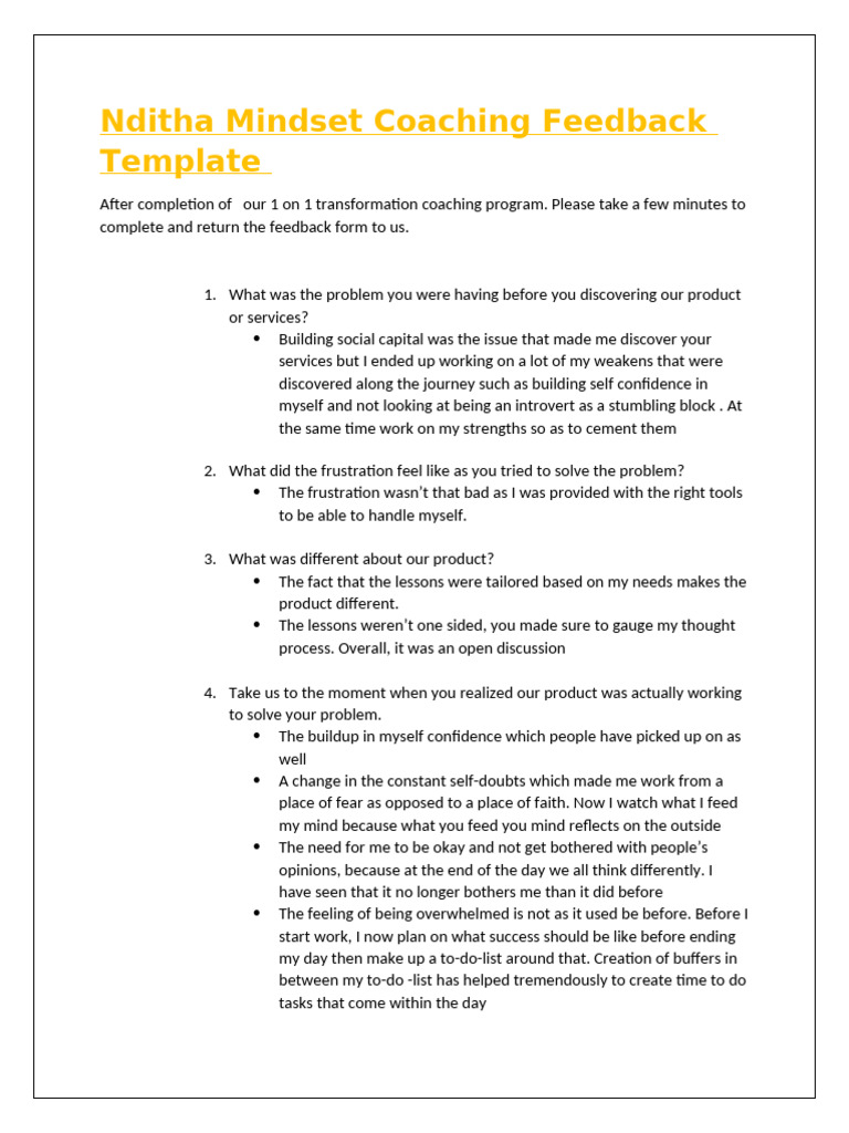 Nditha Mindset Coaching Feedback Questionnaire | PDF | Luck | Psychology