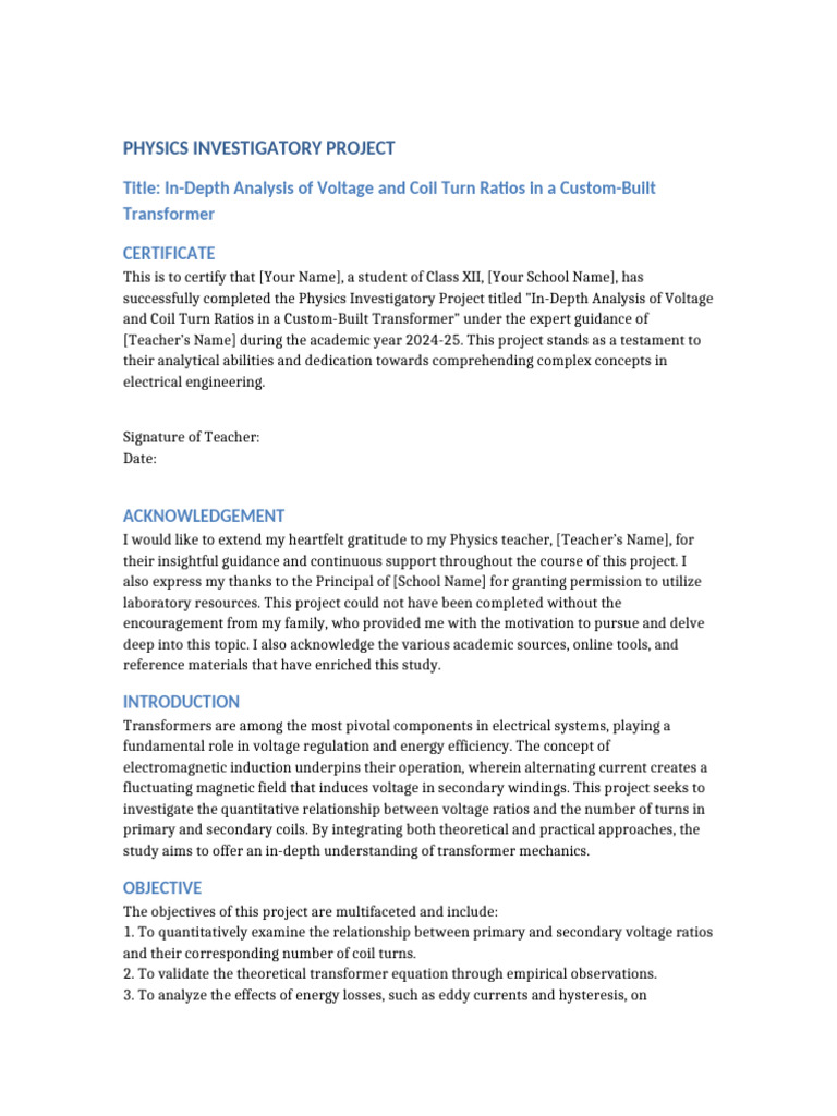 Detailed Physics Transformer Project2 Pdf Transformer Electromagnetic Induction