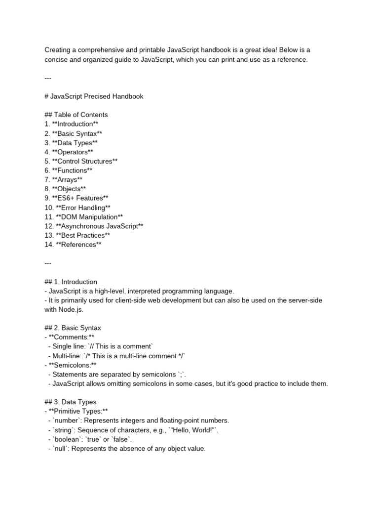 Creating A Comprehensive And Printable Javascript Handbook Is A Great Idea Pdf Java Script 
