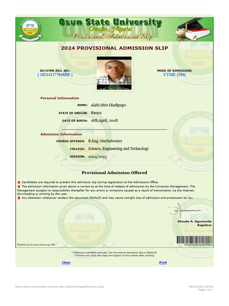 Uniosun 2024 Provisional Admission Slip | PDF | Computing