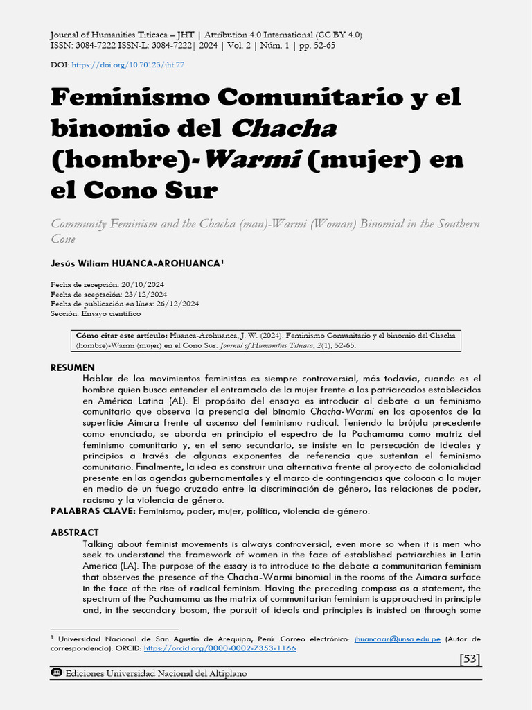 Feminismo Comunitario y El Binomio Del Chacha (Hombre) - Warmi (Mujer ...