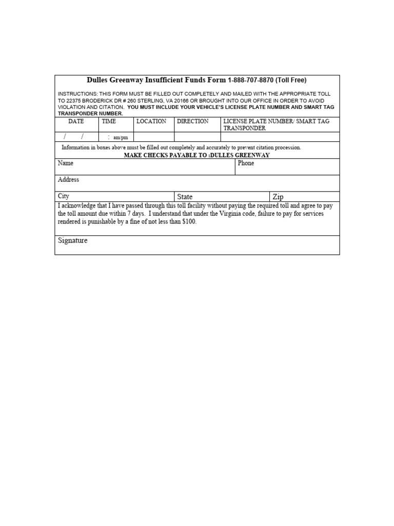 Dulles Greenway Toll Payment Form | PDF