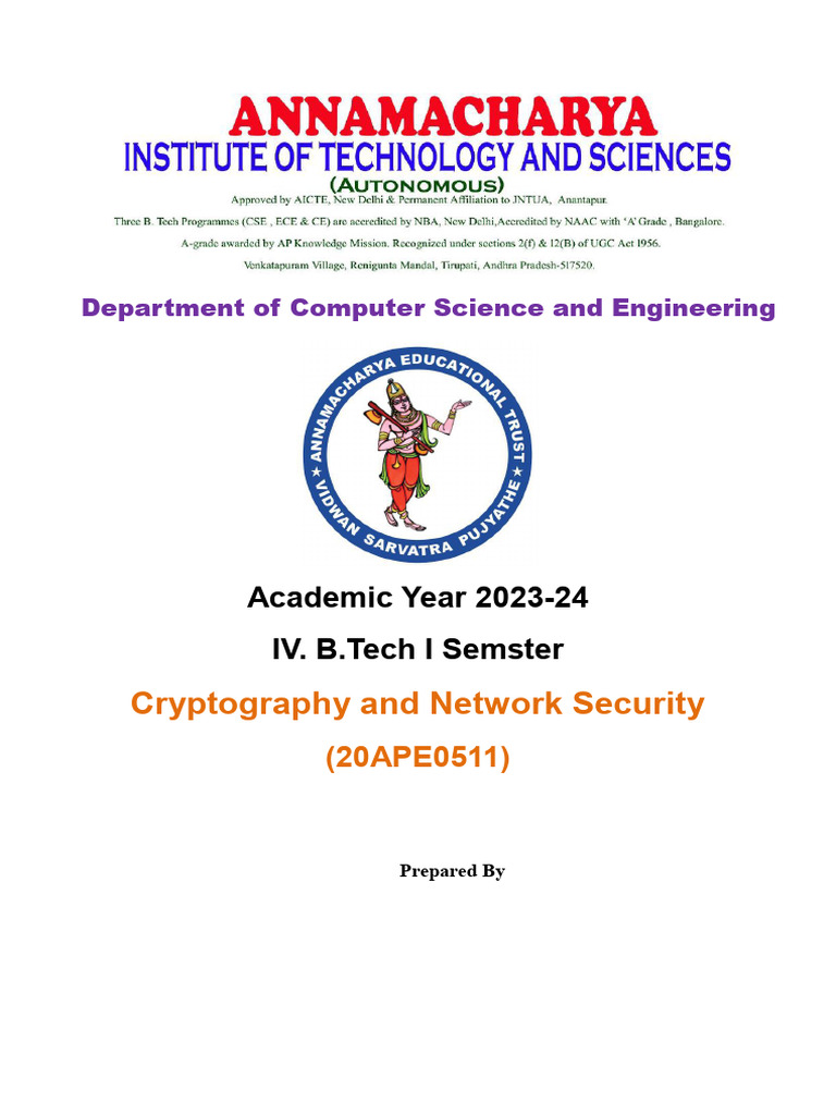 Cryptography and Network Security 20APE0511 Min | PDF | Key (Cryptography) | Public Key Cryptography