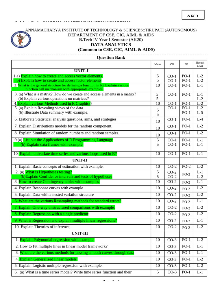 IV-i Cse Cic Aiml & Aids Da Question Bank | PDF | Regression Analysis | Linear Regression