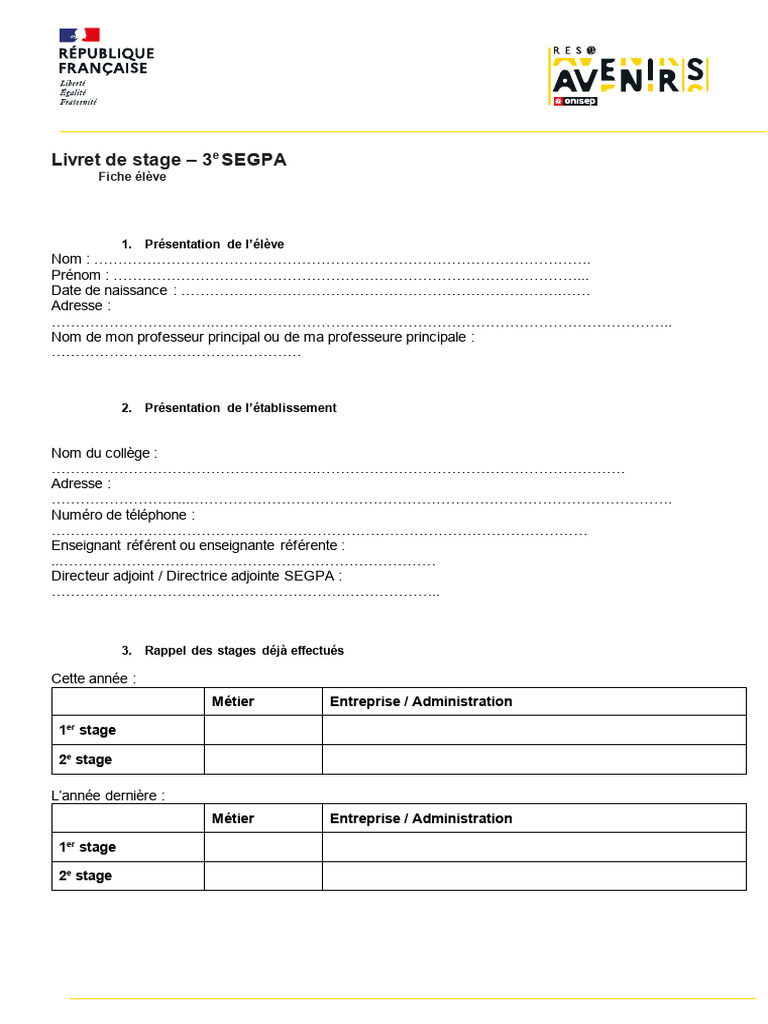Livret de stage 3e SEGPA à compléter | PDF