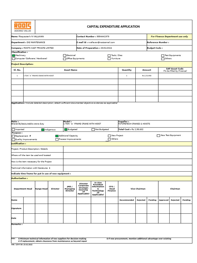 Capex FormMR-259 Rev F 25.02.2022 | PDF | Capital Expenditure | Crane ...