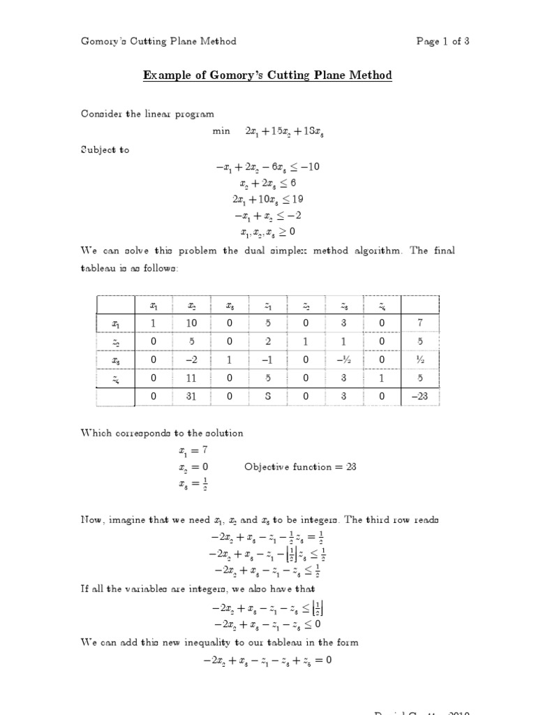 Example Of Gomory S Cutting Plane Method X X X X X X Pdf