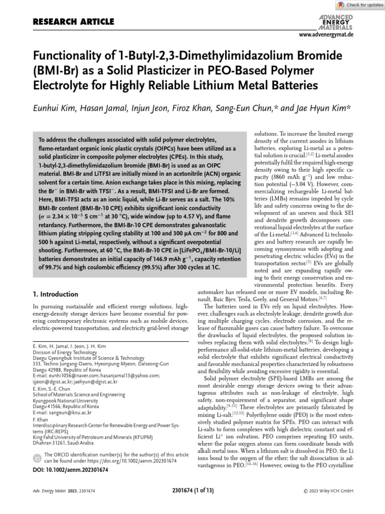 Advanced Energy Materials - 2023 - Kim - Functionality of 1‐Butyl‐2 3 ...