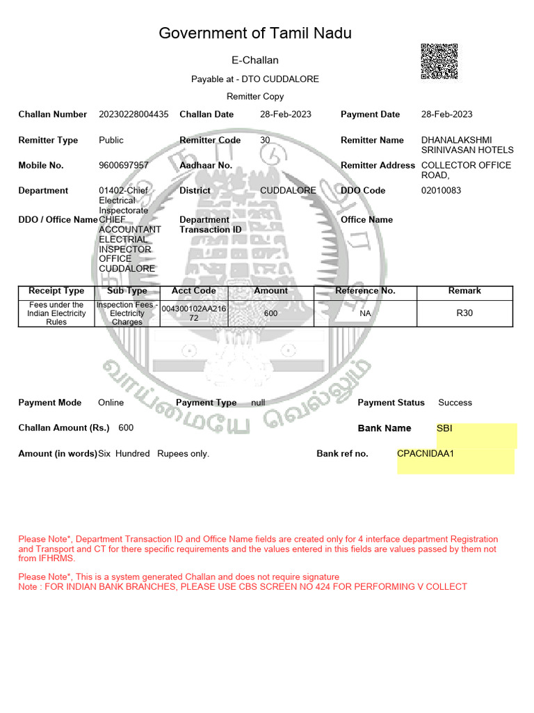 Government of Tamil Nadu: E-Challan | PDF | Service Industries | Payments
