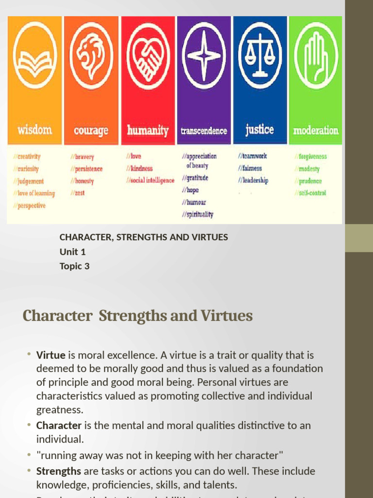 Topic 3 Unit 1, PP, Classification of Character, Strengths and Virtues | PDF | Virtue | Positive ...
