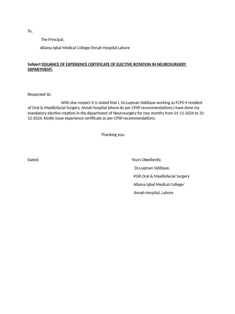 Experience Certificate of Neurosurgery | PDF