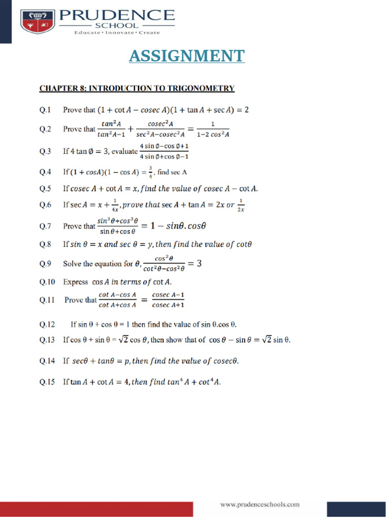 Practice Assignment Class 10 Trigonometric Identities | PDF