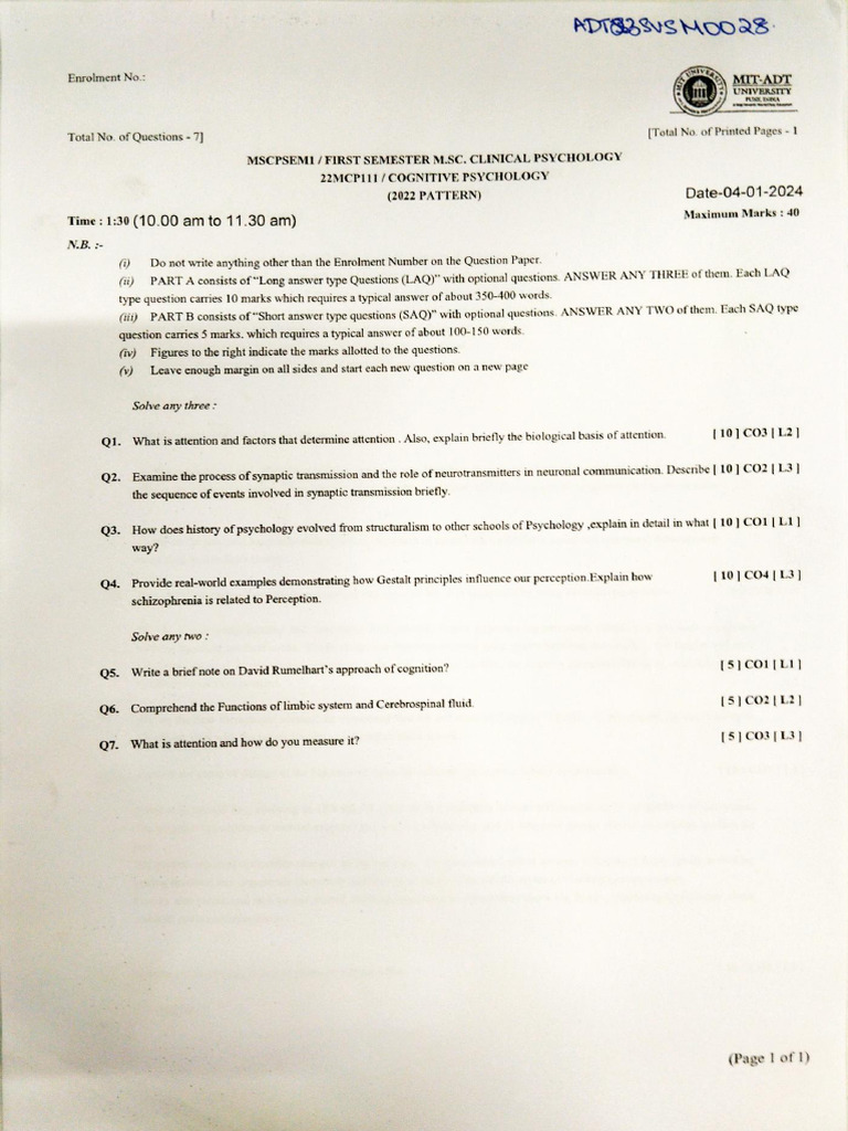 1st sem qs papers | PDF | Level Of Measurement | Psychological Concepts