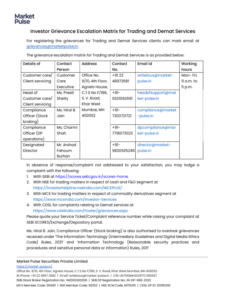 Investor Grievance Escalation Matrix | PDF | Market (Economics ...