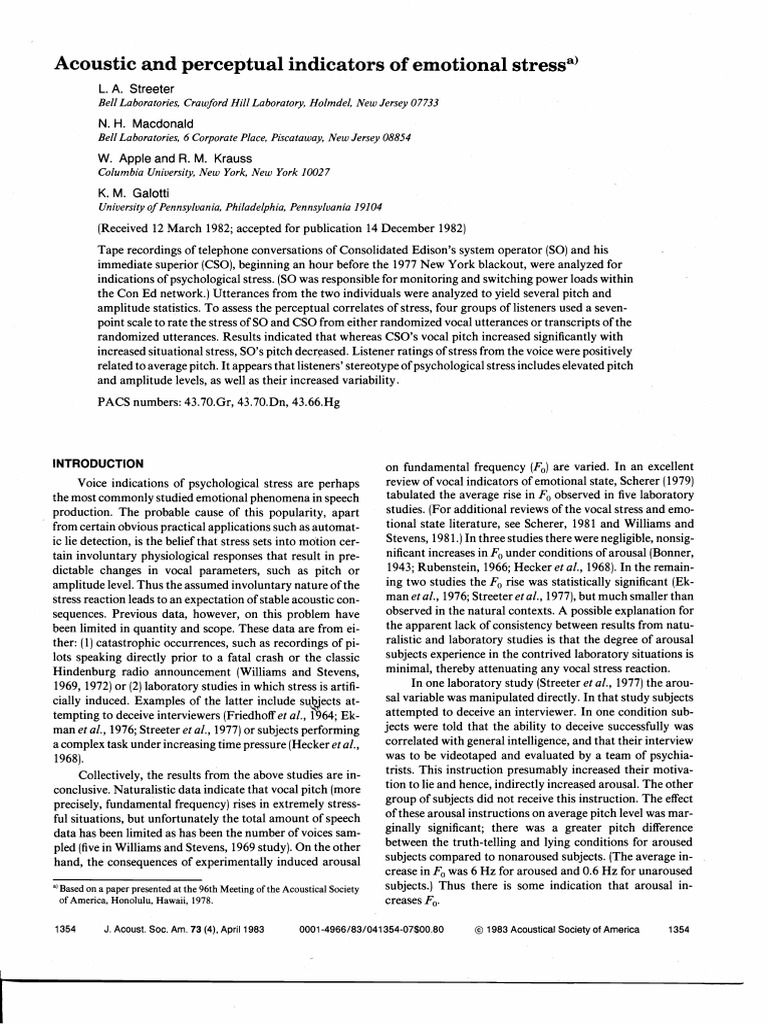 Acoustic and Peceptual Indicators of Emotional Stress | PDF
