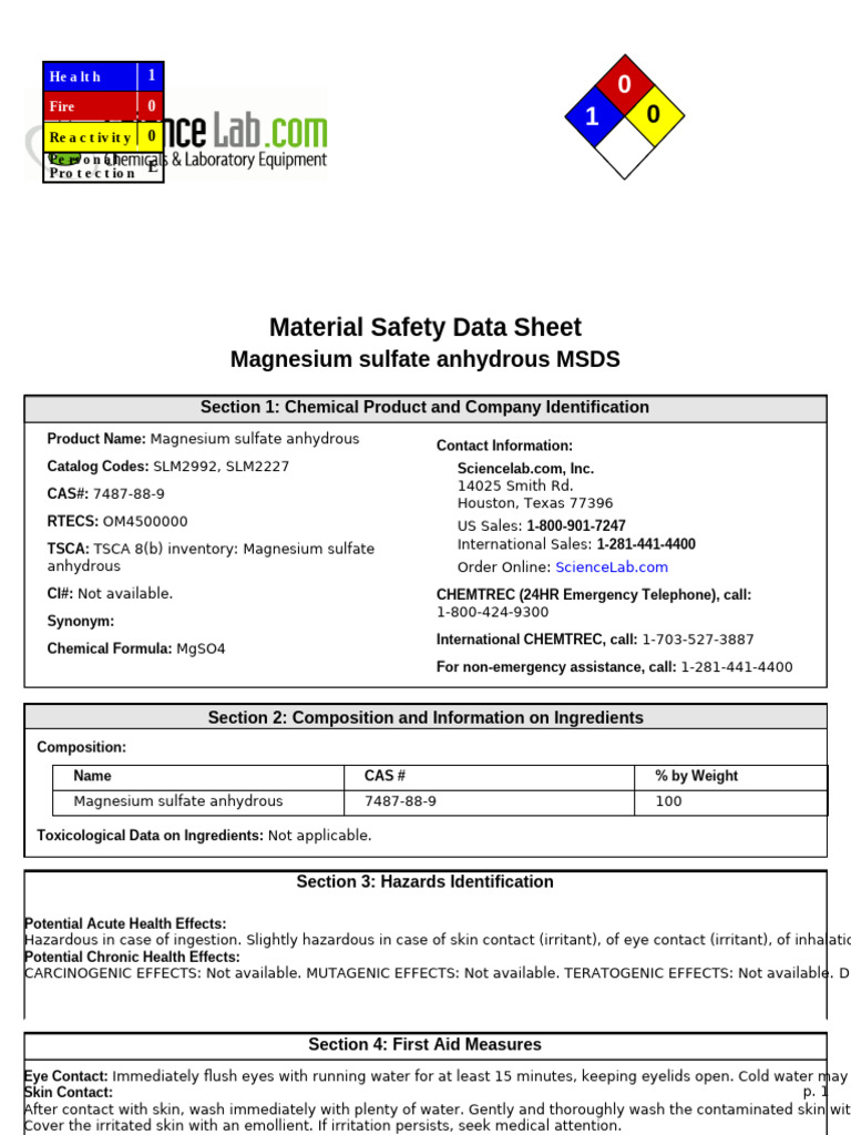 Msds_MgSO | PDF | Toxicity | Chemistry
