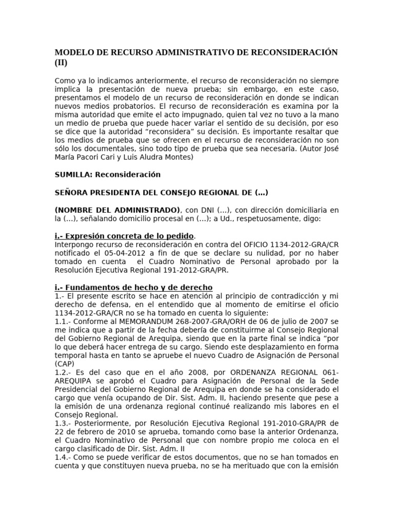 Modelo de Recurso Administrativo de Reconsideració Ii | PDF | Gobierno