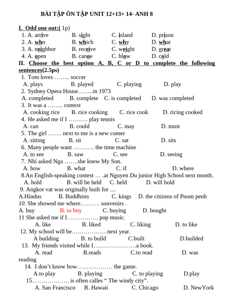 Bai Tap On Tap Unit 1214 Anh8 | PDF