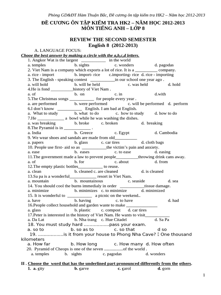 Đề Cương Ôn Tập Kiểm Tra Anh 8 Hk2 2012-2013 | PDF