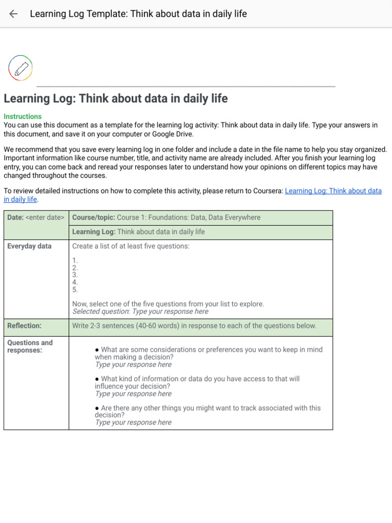 Learning Log Template Think About Data in Daily | PDF