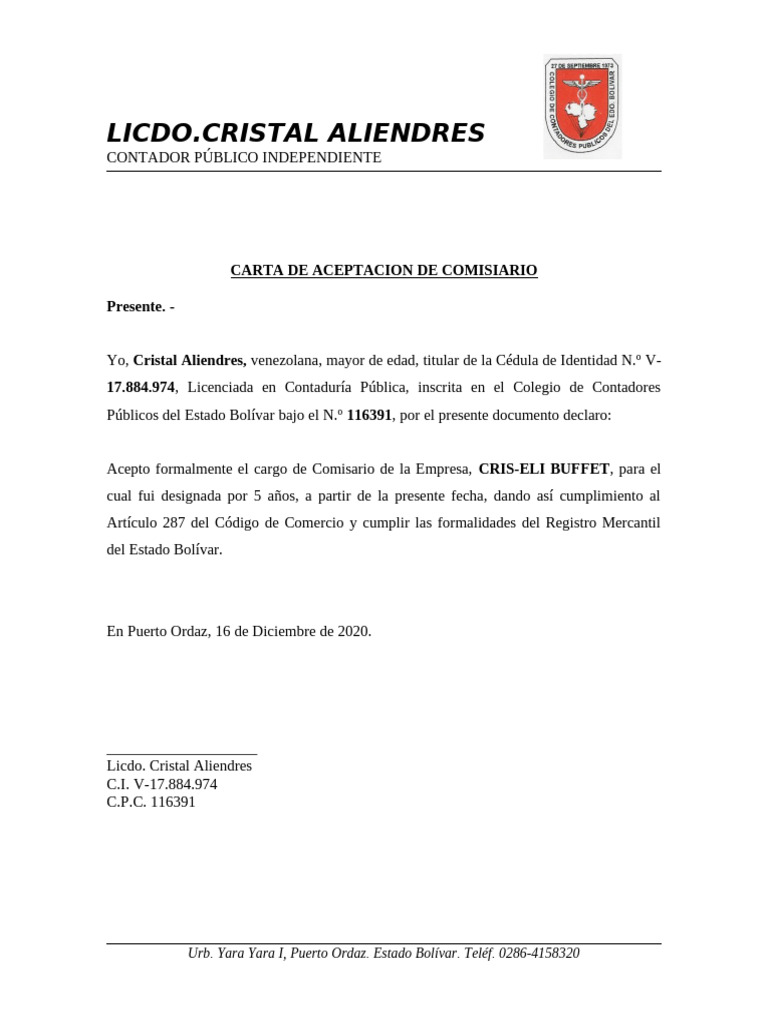 ACEPTACION DE COmisario GM2510 | PDF | Contador | Contabilidad