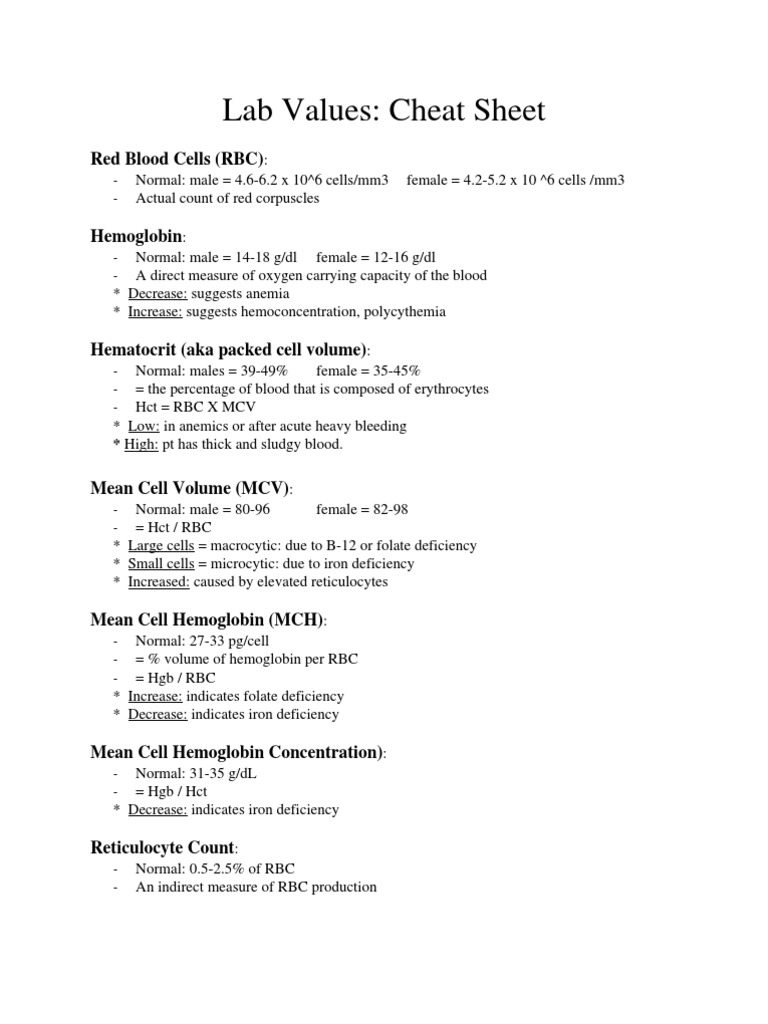 Lab Values Cheat Sheet | PDF | Anemia | Renal Function
