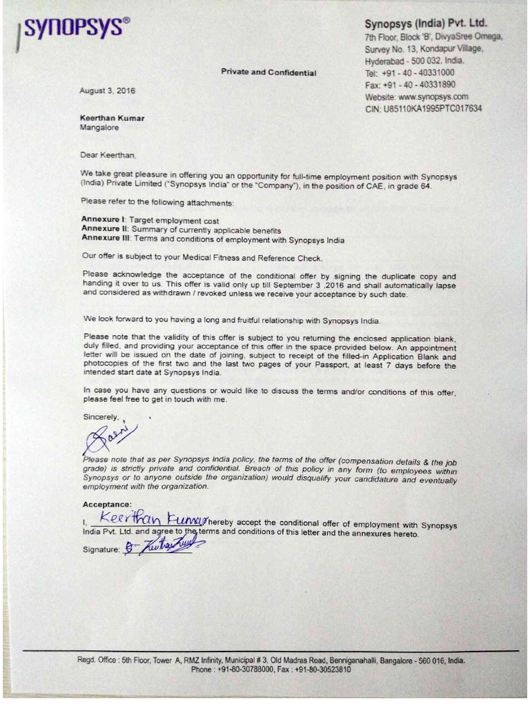 SNPS Offer Letter Hard | PDF