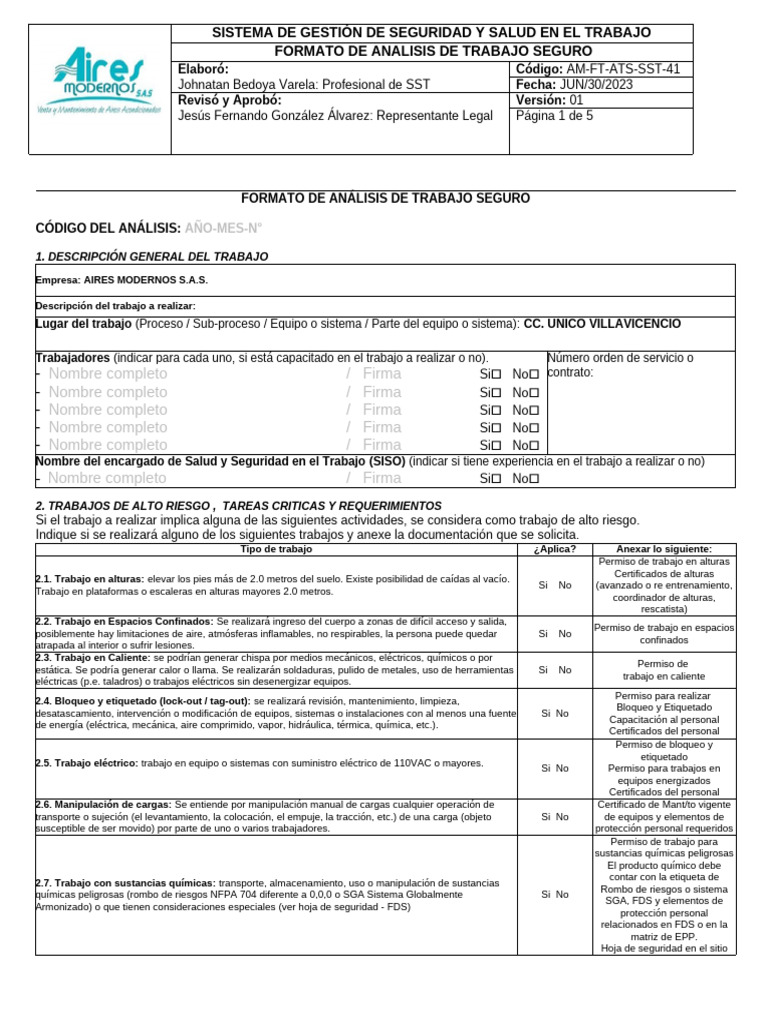 AM-ATS-SST-41-ANALISIS DE TRABAJO SEGURO DE SEGURIDAD Y SALUD EN EL TRABAJO (1) | PDF | Dolor lumbar