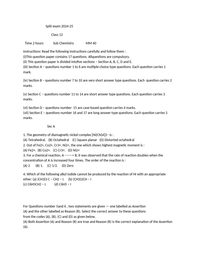 Class 12 Chemistry Split Exam 2024-25 | PDF | Chemistry | Physical ...