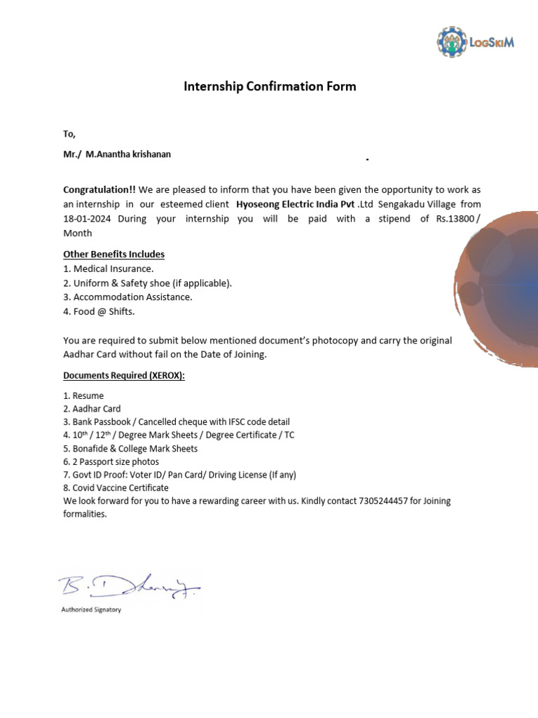 1.internship Confirmation Form - Docx..docx M.anantha Krishanan | PDF