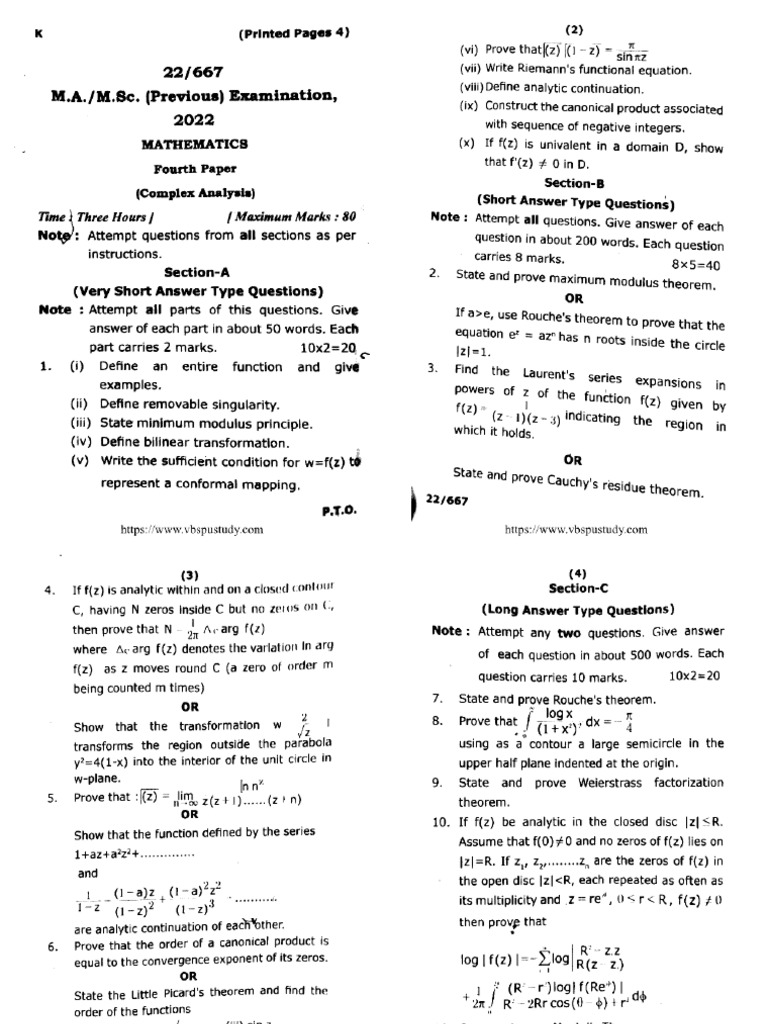 Ma MSC Part 1 Mathematics Complex Analysis 22 667 2022 | PDF