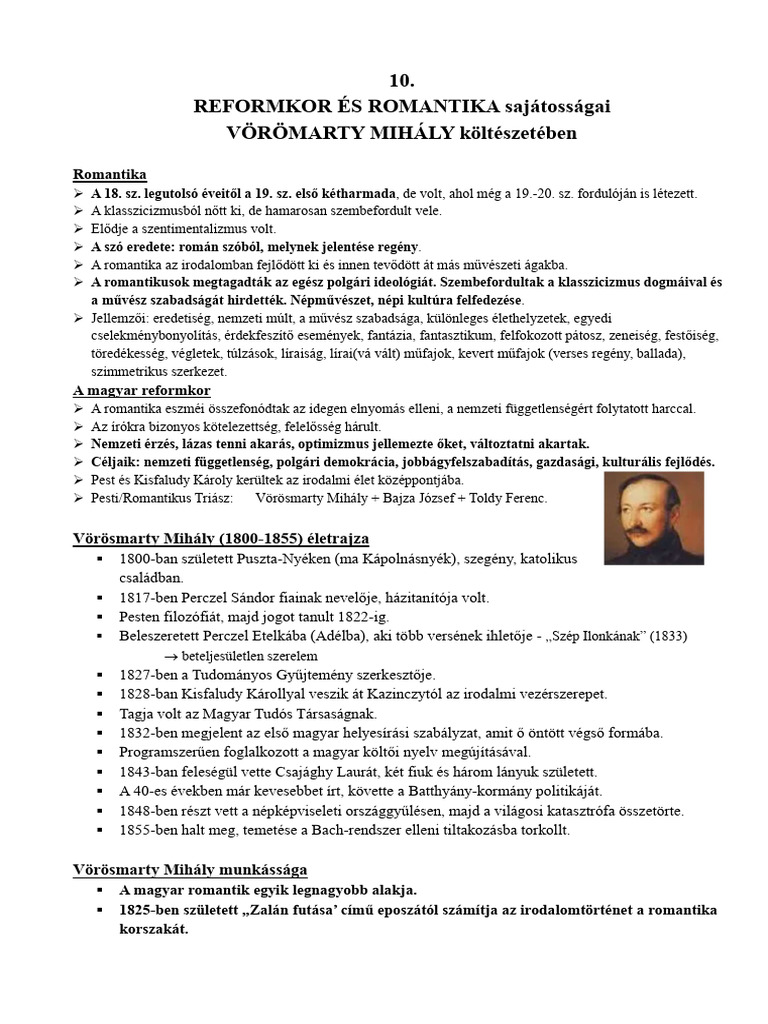 10. Reformkor és a romantika sajátosságai Vörösmarty Mihály költészetében | PDF