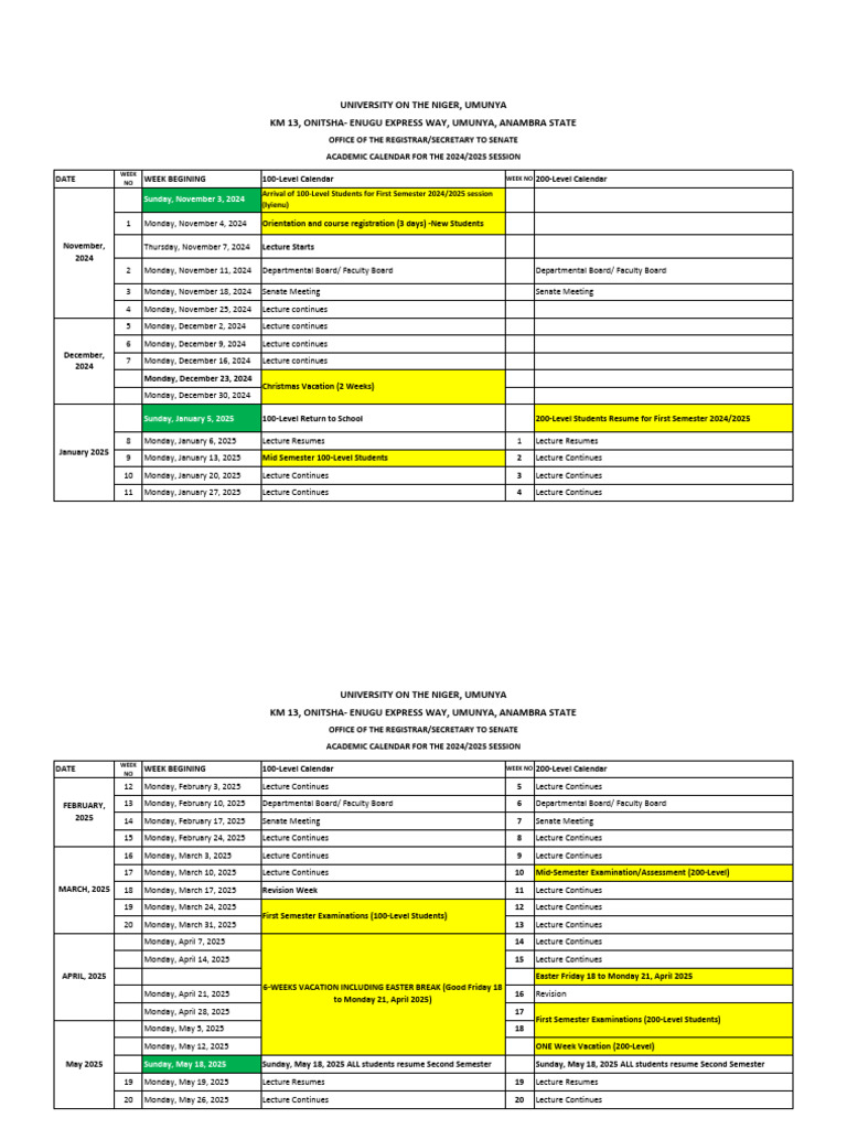 Uniniger First Semester Academic Calendar-2024-2025 October 26-2024-2 ...