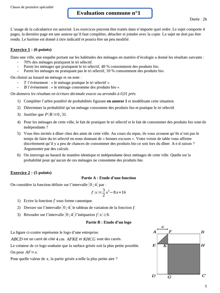 Évaluation de mathématiques en première | PDF | Mathématiques