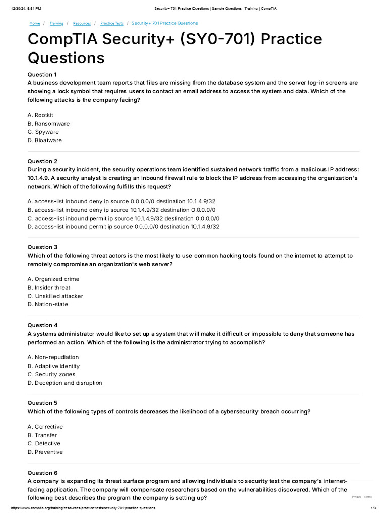 Security+ 701 Sample Questions | PDF | Security | Computer Security