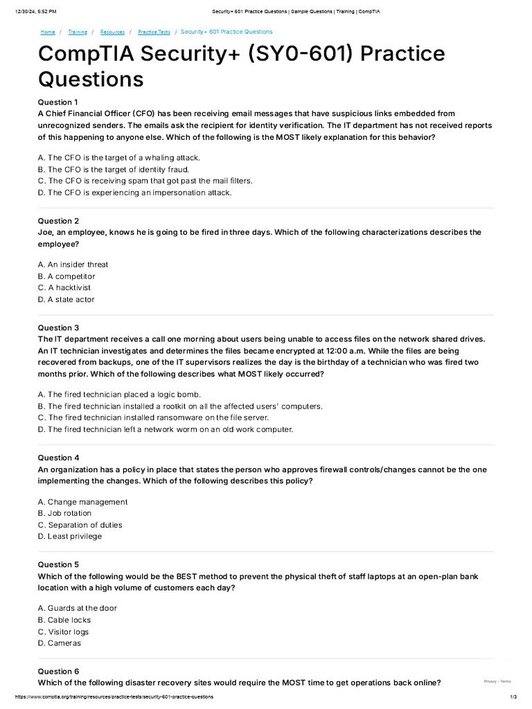 Security+ 601 Sample Questions | PDF | Computer Network | Ransomware