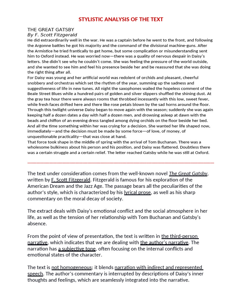 The Great Gatsby Stylistic Analysis | PDF | The Great Gatsby | Narration