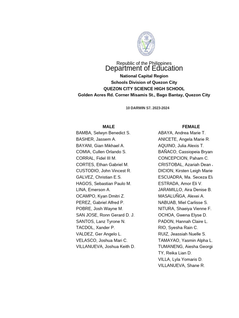 10 Darwin Class Roster 2023-2024 | PDF