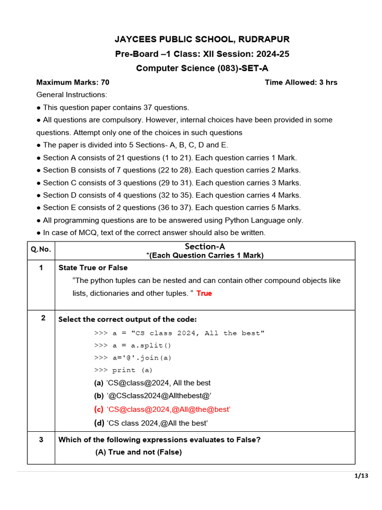 SOLUTION CS Pre BRD 1 2024-25 SetA | PDF | Software Engineering | Computer Data