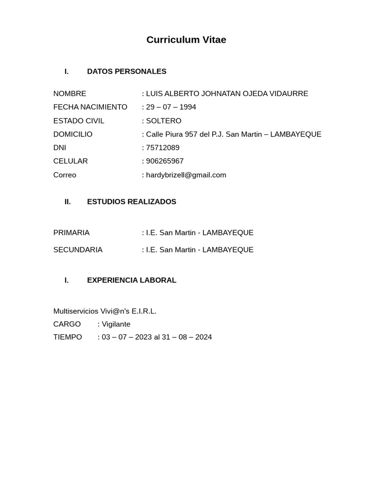 Curriculum Vitae Luis Alberto Johnatan Ojeda Vidaurre | PDF