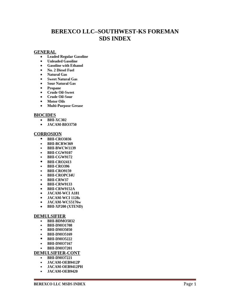 BEREXCO LLC MSDS Index Overview | PDF