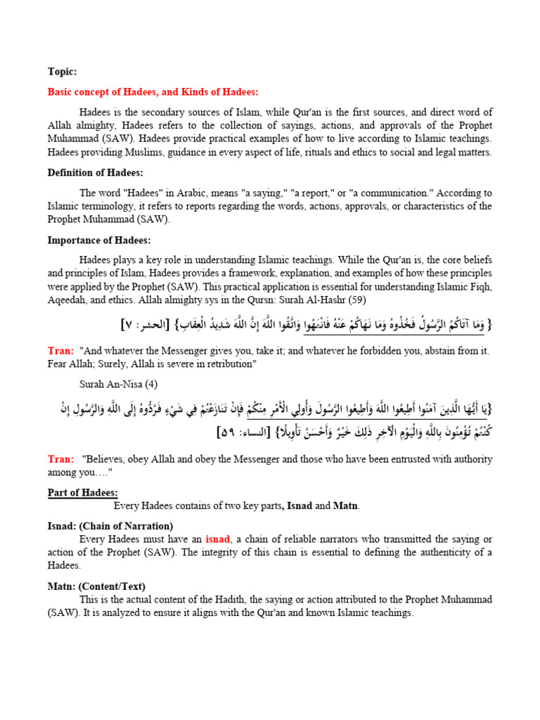 Basic Concept of Hadees and Kinds of Hadees. | PDF | Hadith | Islamic Theology