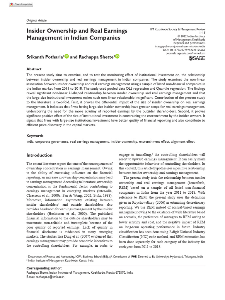 Potharla Shette 2022 Insider Ownership and Real Earnings Management in ...