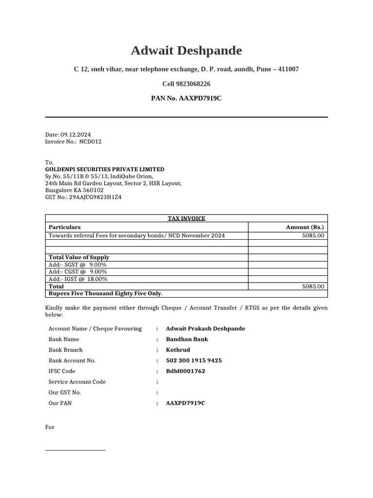 Tax Invoice Format - GSPL | PDF