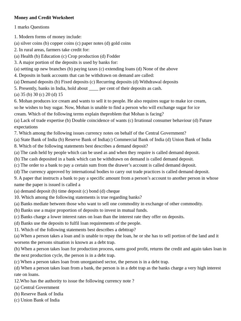 Money and Credit Worksheet Questions | PDF | Money | Banks