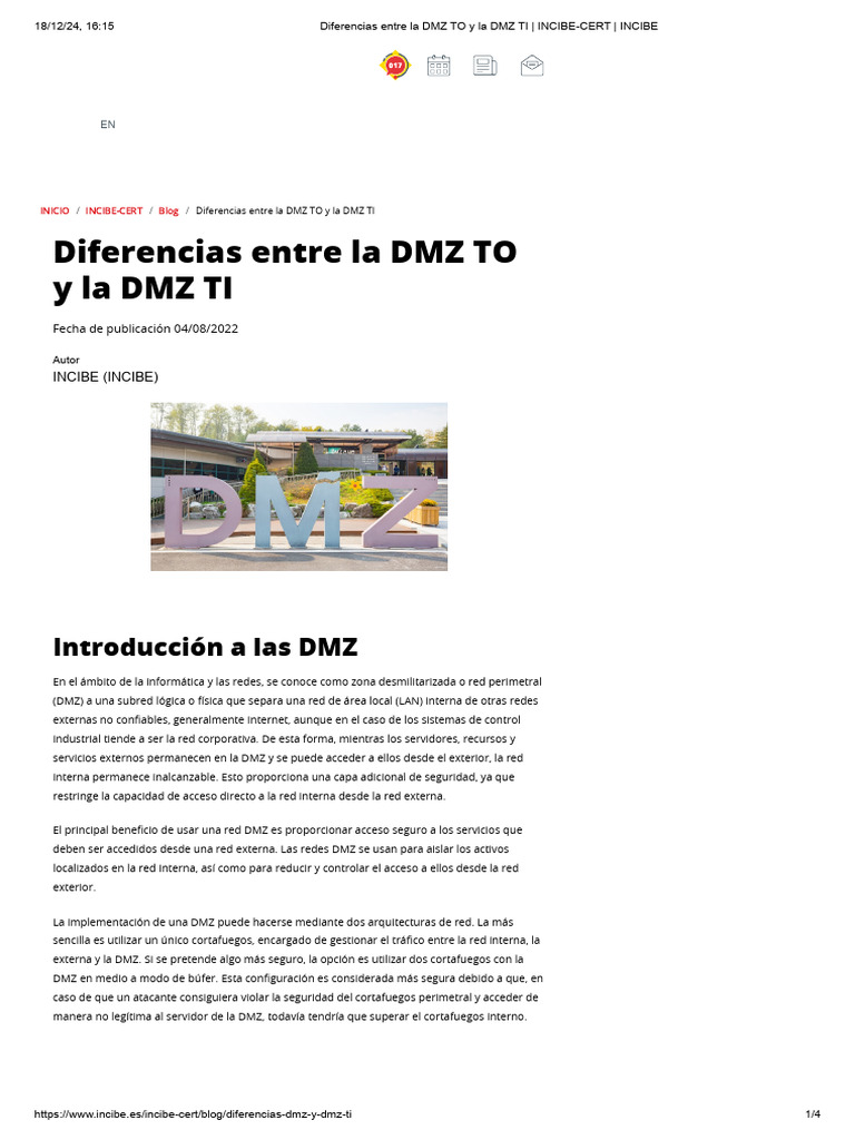 Diferencias entre la DMZ TO y la DMZ TI _ INCIBE-CERT _ INCIBE | PDF | Telecomunicaciones ...