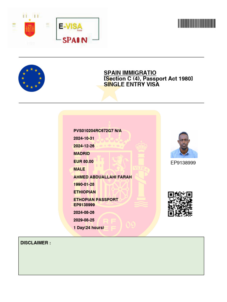 Spain Single Entry Transit eVISA Details | PDF