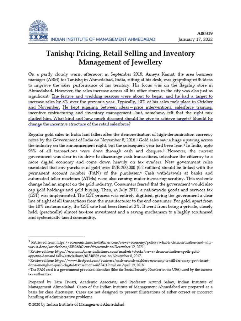 Case 7 - Tanishq Unit 3 - Pricing | PDF | Gold | Inventory
